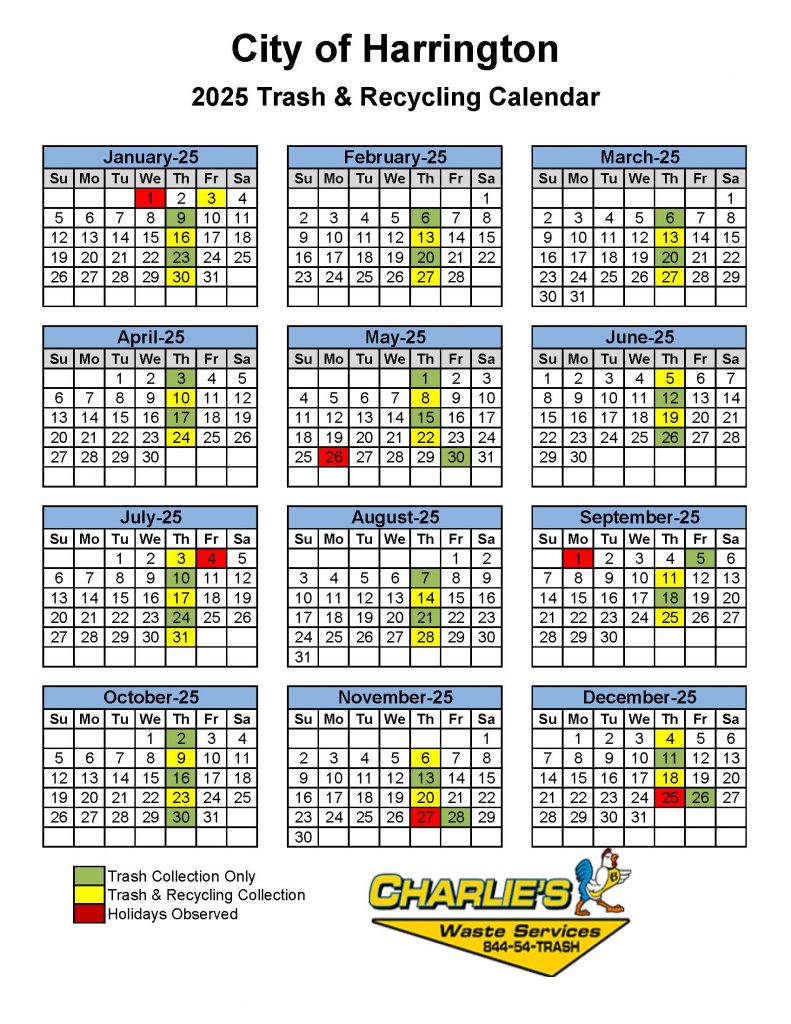 2025 Trash Pickup Schedule - City of Harrington - Kent County Delaware